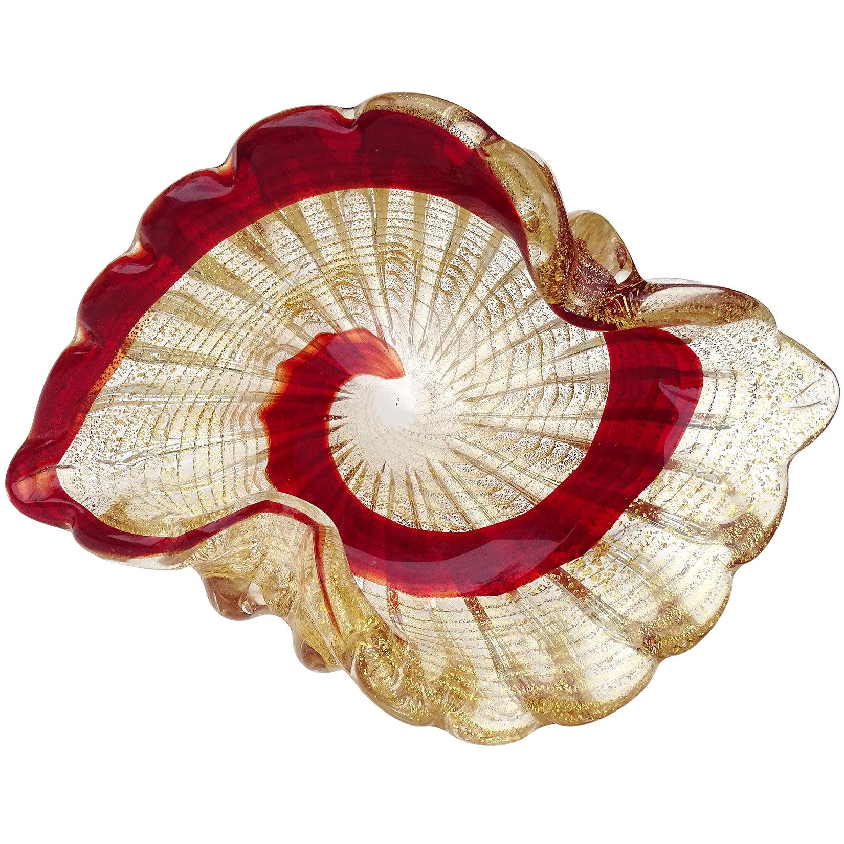Murano Red White and Gold Flecks Italian Art Glass Seashell Dish Ring ...