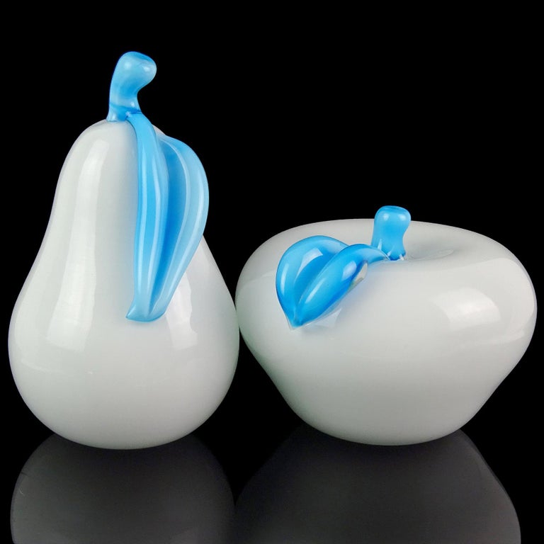 Murano White and Baby Blue Italian Art Glass Pear Apple Fruit Sculpture ...