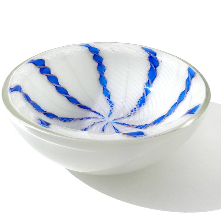 Murano White Blue Aventurine Twist Ribbons Italian Art Glass Round Dish ...