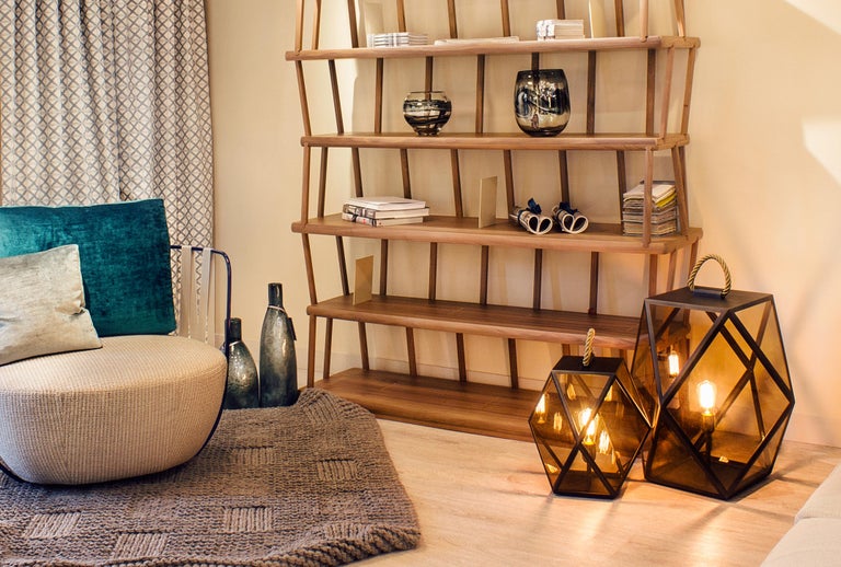 Muse Lantern Medium Lamp in Satin Bronze Structure, Honey-Silk Handle ...