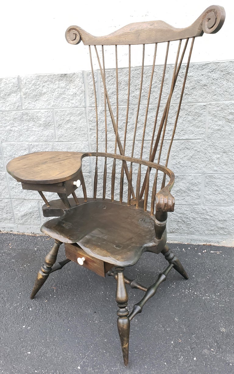 Museum Grade Sculpted Tall Oak 2-Drawer Writing Windsor Chair / Desk, C ...