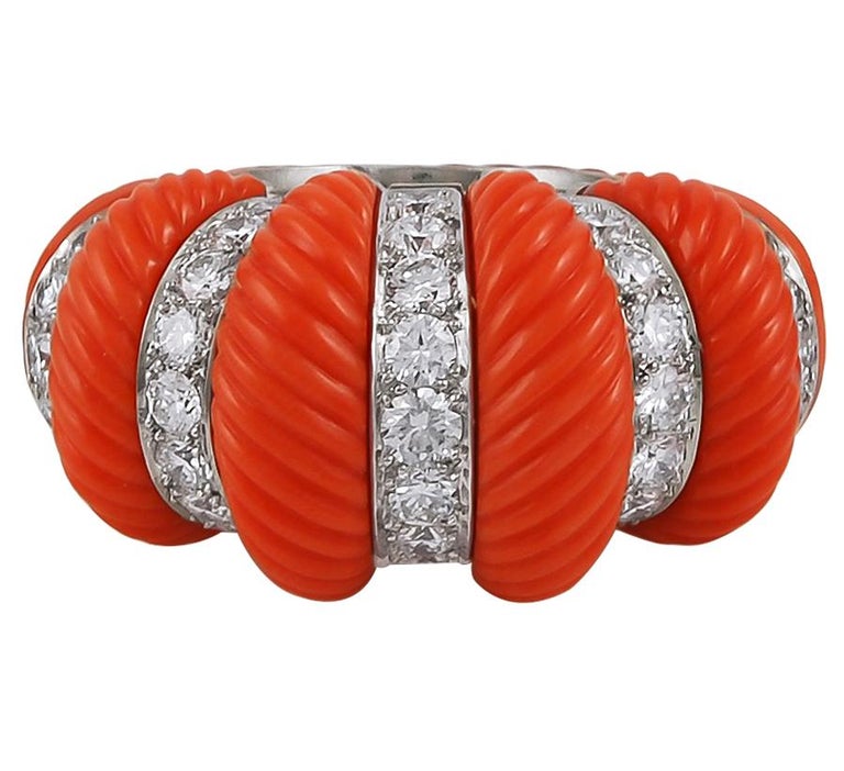 Museum Quality Cartier Paris Diamond Coral Bombe Ring For Sale at 1stDibs
