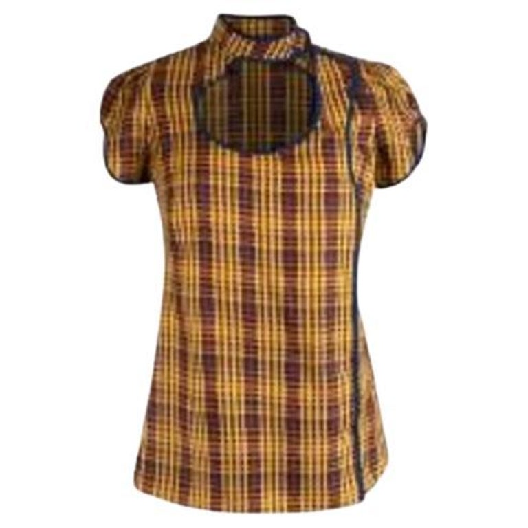 Mustard and brown checkered silk blouse For Sale at 1stDibs