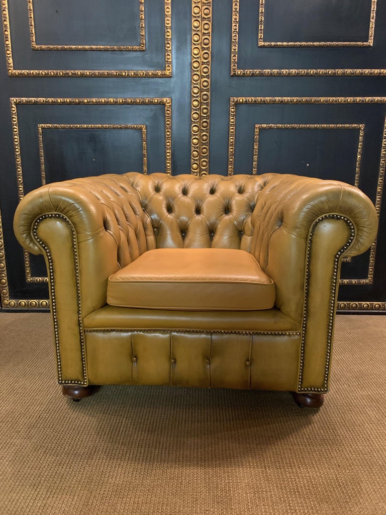 Mustard Yellow original Leather Chesterfield Club Suite set Armchair ...