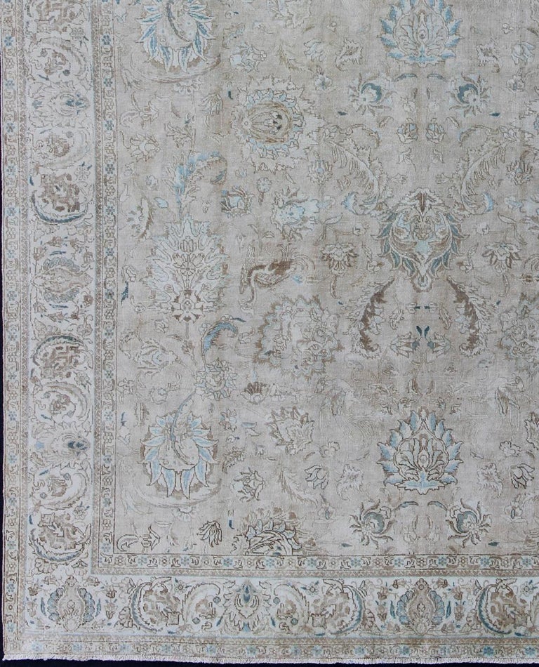 Muted Gray, Blue, and Ivory Vintage Persian Tabriz Rug with Floral ...