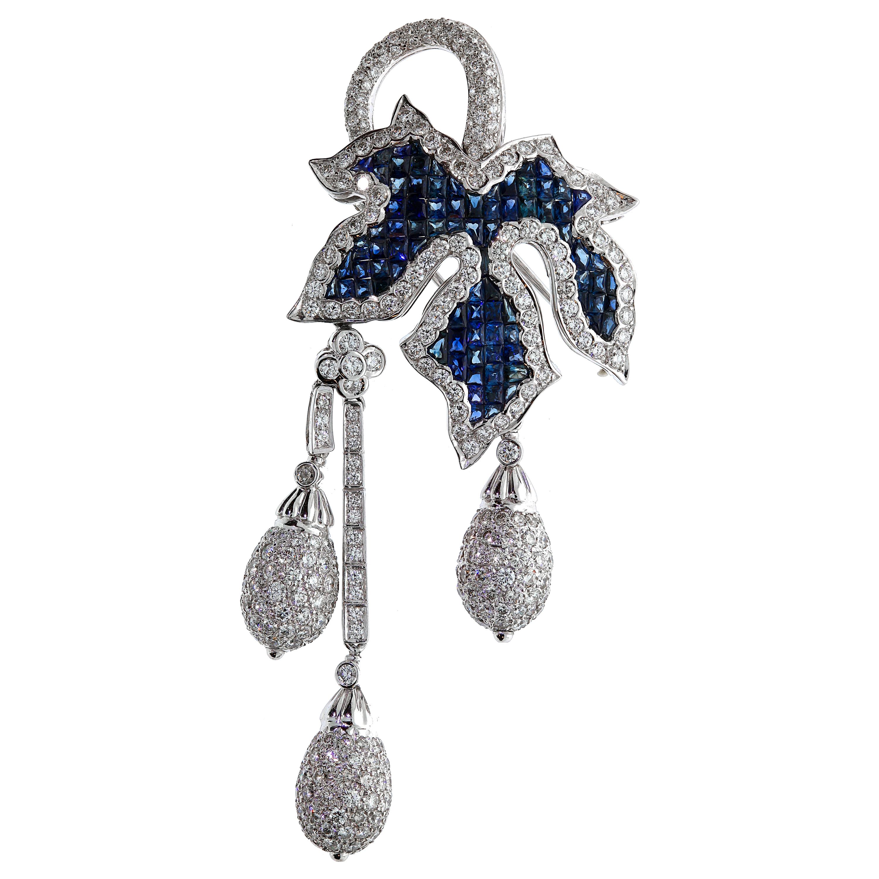 Chatila Mystery Set Blue Sapphire and Diamond Leaf Brooch For Sale at ...