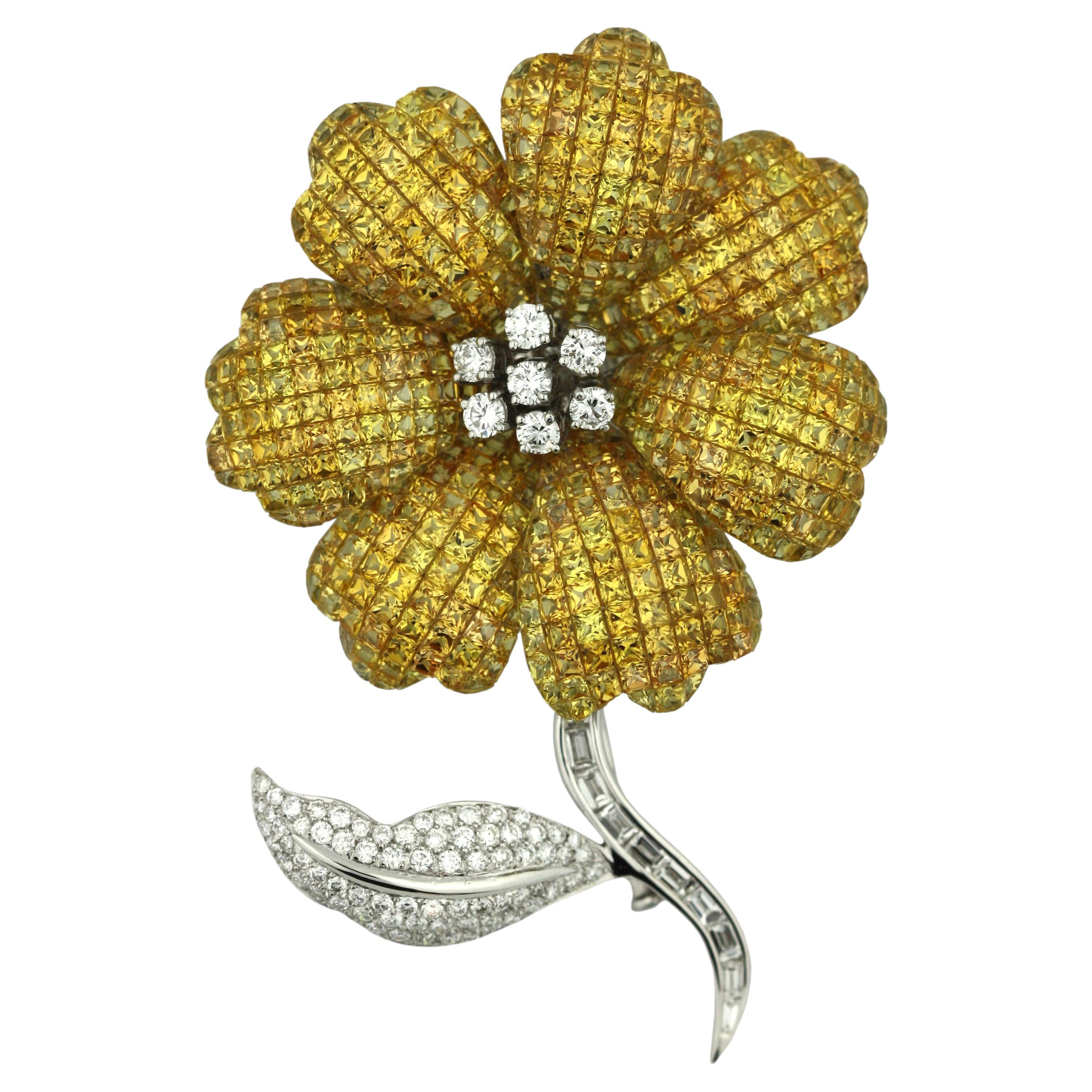 Invisible Mystery Set Sapphire Diamond Flower Brooch and Pendant For ...