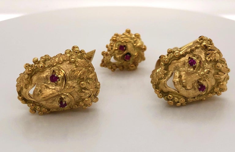 Mystical Mask 18 Karat Yellow Gold Cuff Links and Tie Tack with Ruby ...