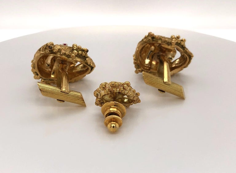 Mystical Mask 18 Karat Yellow Gold Cuff Links and Tie Tack with Ruby ...