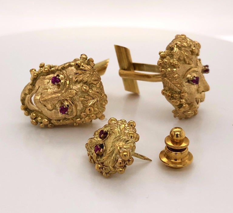 Mystical Mask 18 Karat Yellow Gold Cuff Links and Tie Tack with Ruby ...
