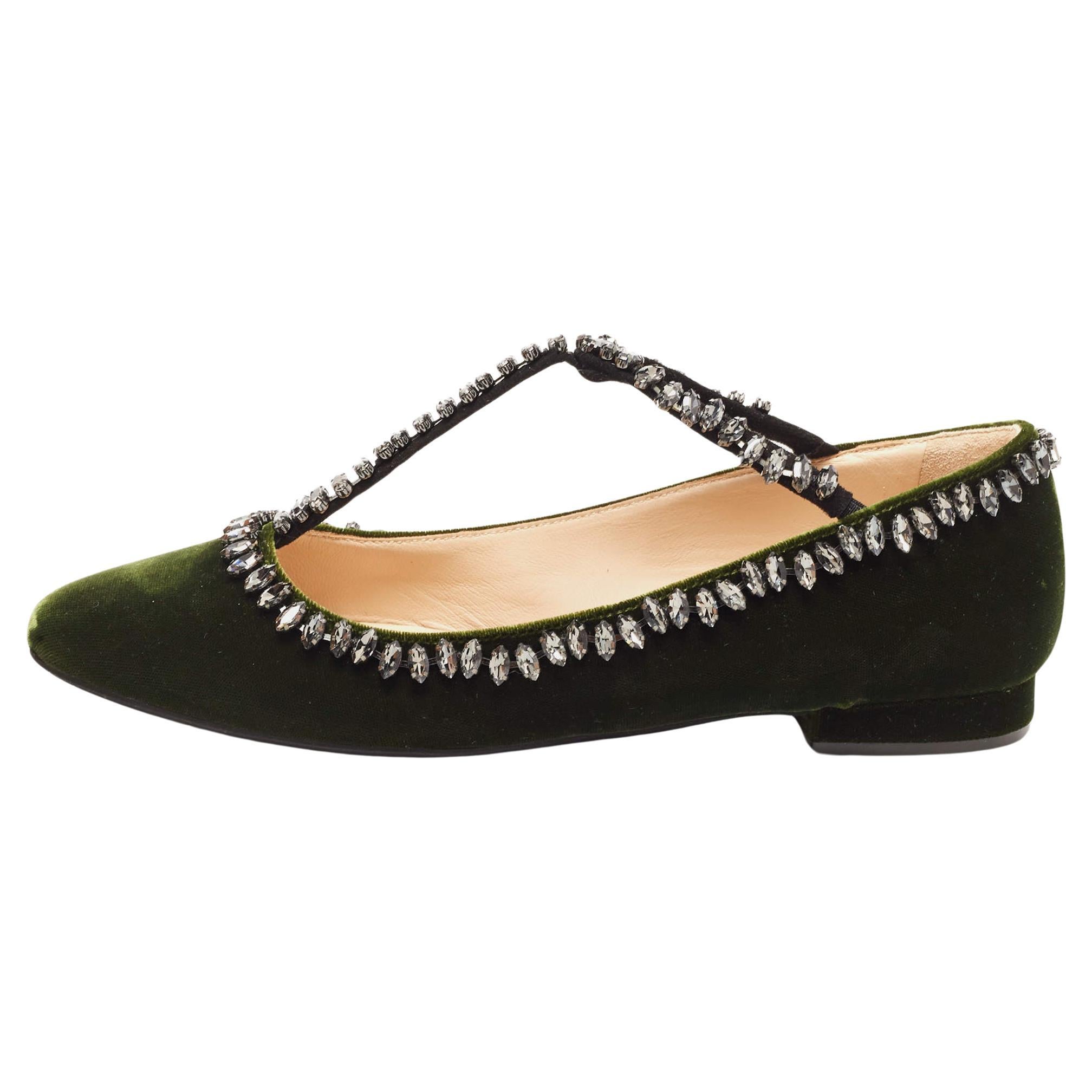 N21 Dark Green Velvet Crystal Embellished T-Bar Ballet Flats Size 38 ...