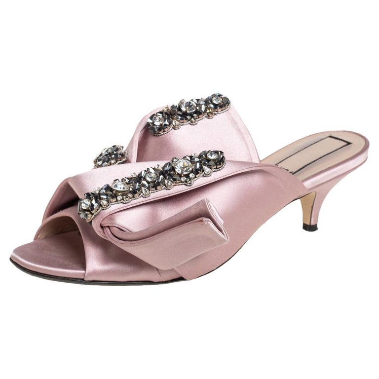 N21 Pink Satin Crystal Embellished Knot Mule Sandals Size 39 at 1stDibs