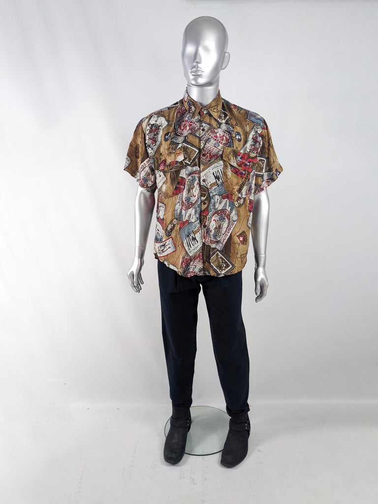 Naf Naf Paris Vintage Mens Pure Silk Skiing Print 90s Nafnaf Shirt ...