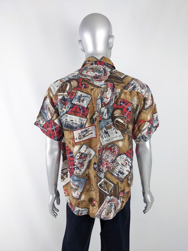 Naf Naf Paris Vintage Mens Pure Silk Skiing Print 90s Nafnaf Shirt ...