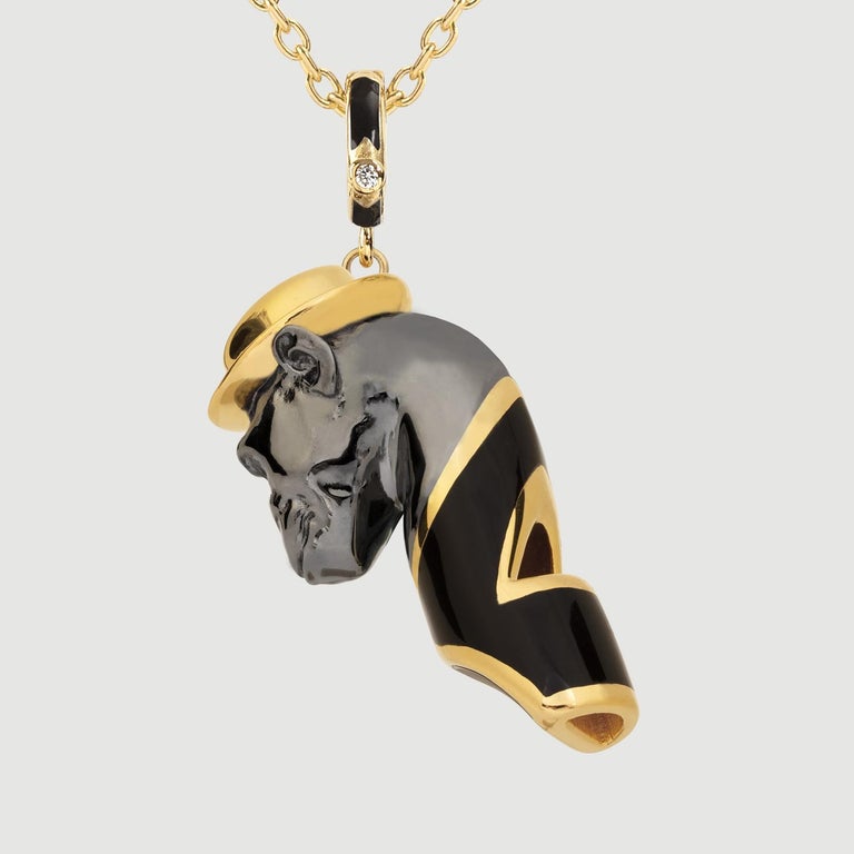 Naimah, Chimp Whistle Pendant Necklace, Black Enamel For Sale at 1stDibs