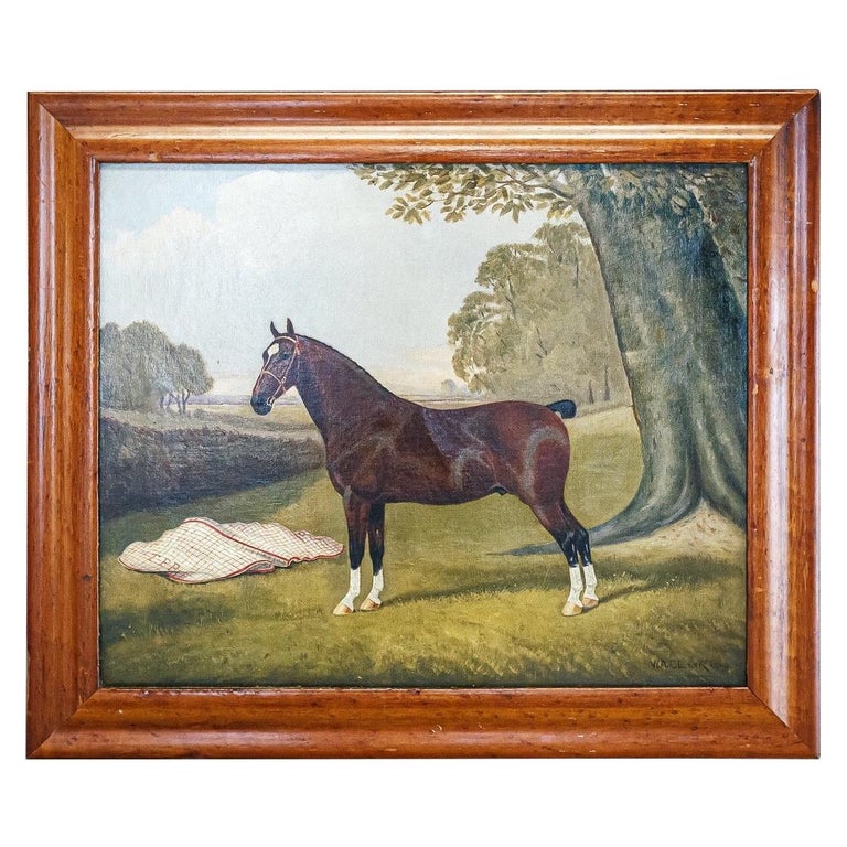 Naive Oil on Canvas Horse Portrait with Tattersalls or Newmarket Rug at ...