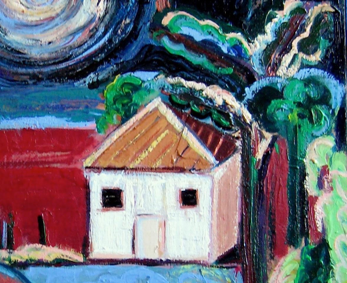 Nan Hass Feldman - "Night Message", expressionist, house, boat, moon ...