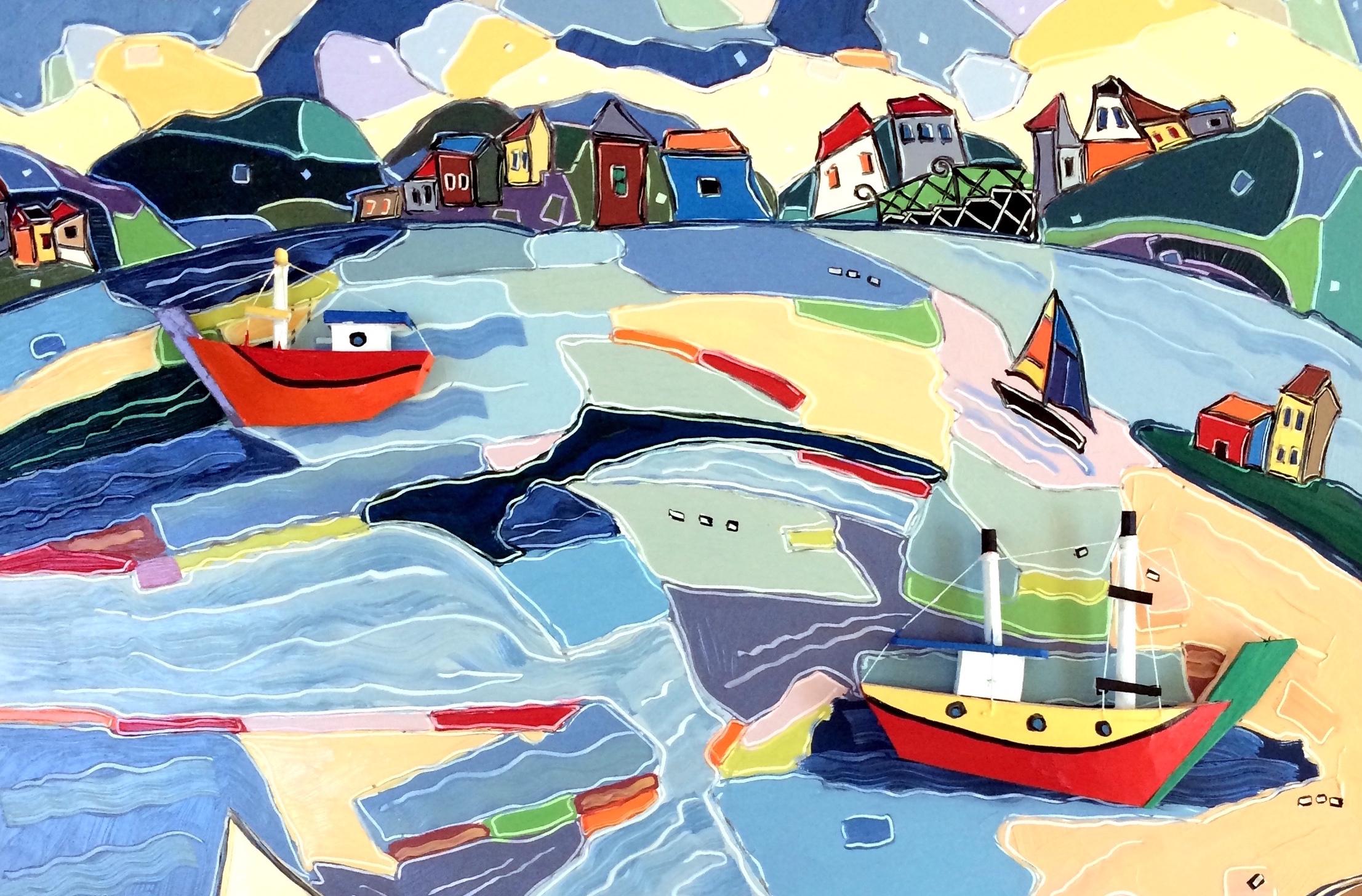 Nan Hass Feldman - "Ships Passing", oil painting, landscape, city ...
