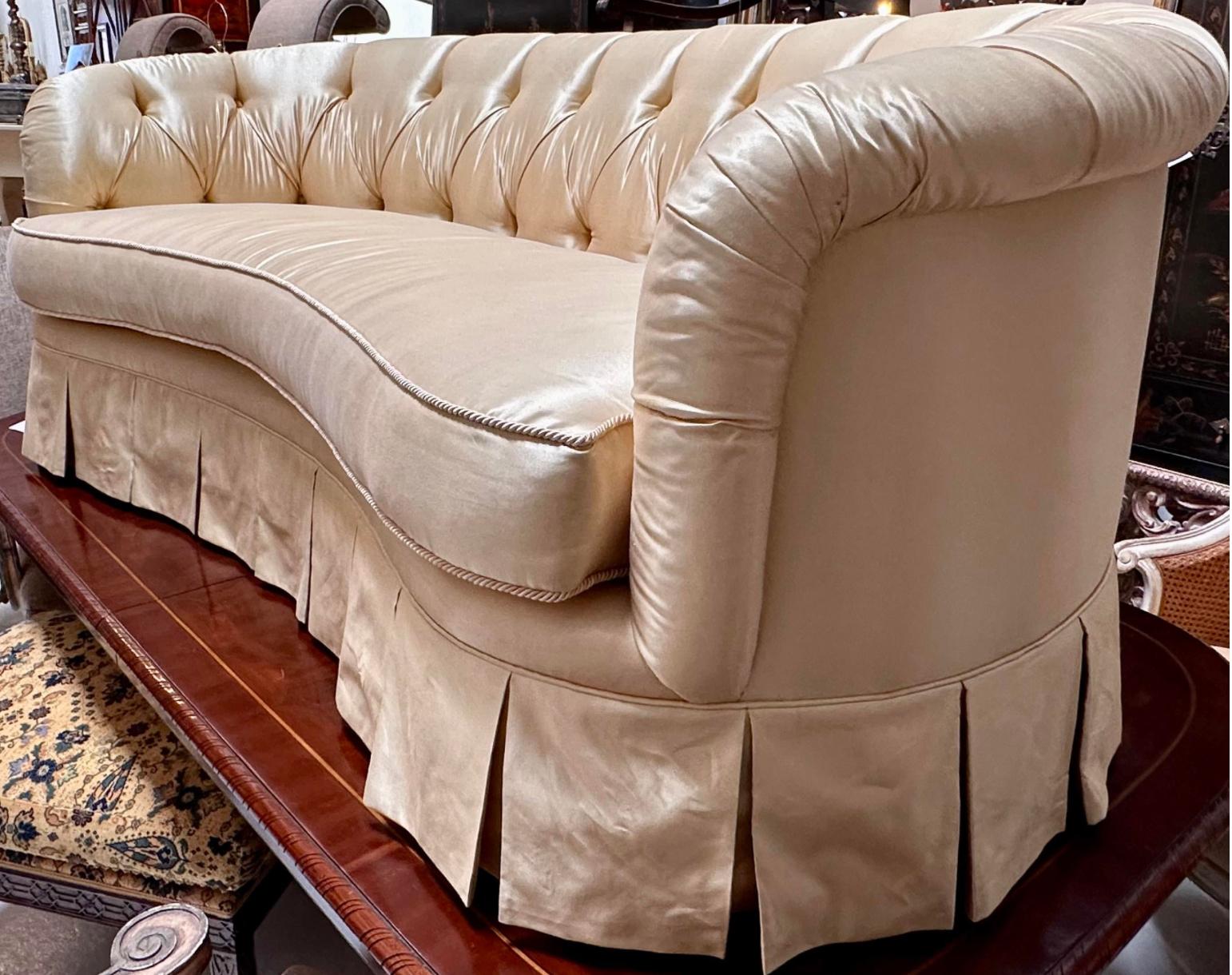 Nancy Corzine Art Deco Curved Tufted Yellow Satin Sofa For Sale at 1stDibs