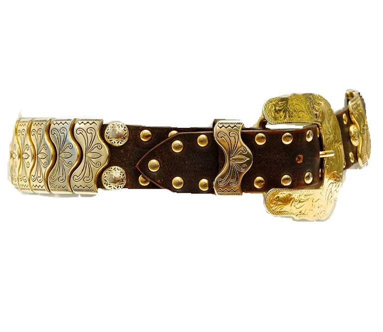 Nanni Italian Brown Leather Belt with Gold Plated Buckle and Metal ...