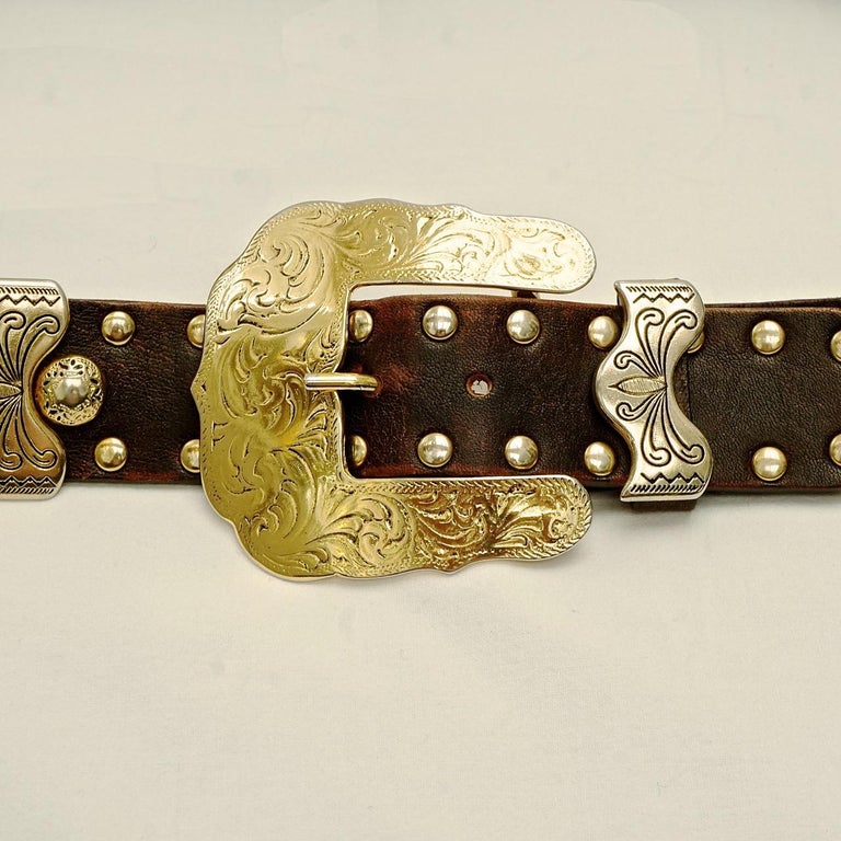 Nanni Italian Brown Leather Belt with Gold Plated Buckle and Metal ...