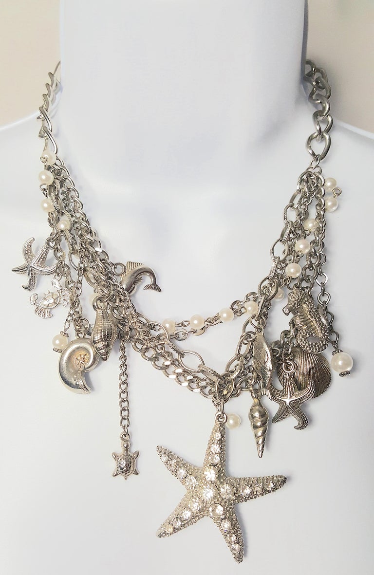 Napier 1923 Signed Silver Set Pearl Crystal Sea-Charms Chain Necklace ...