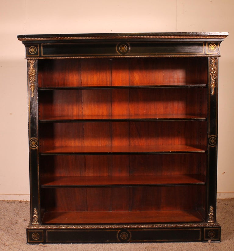 Napoleon III Open Bookcase in Blackened Wood and Brass Marquetry, 19th ...