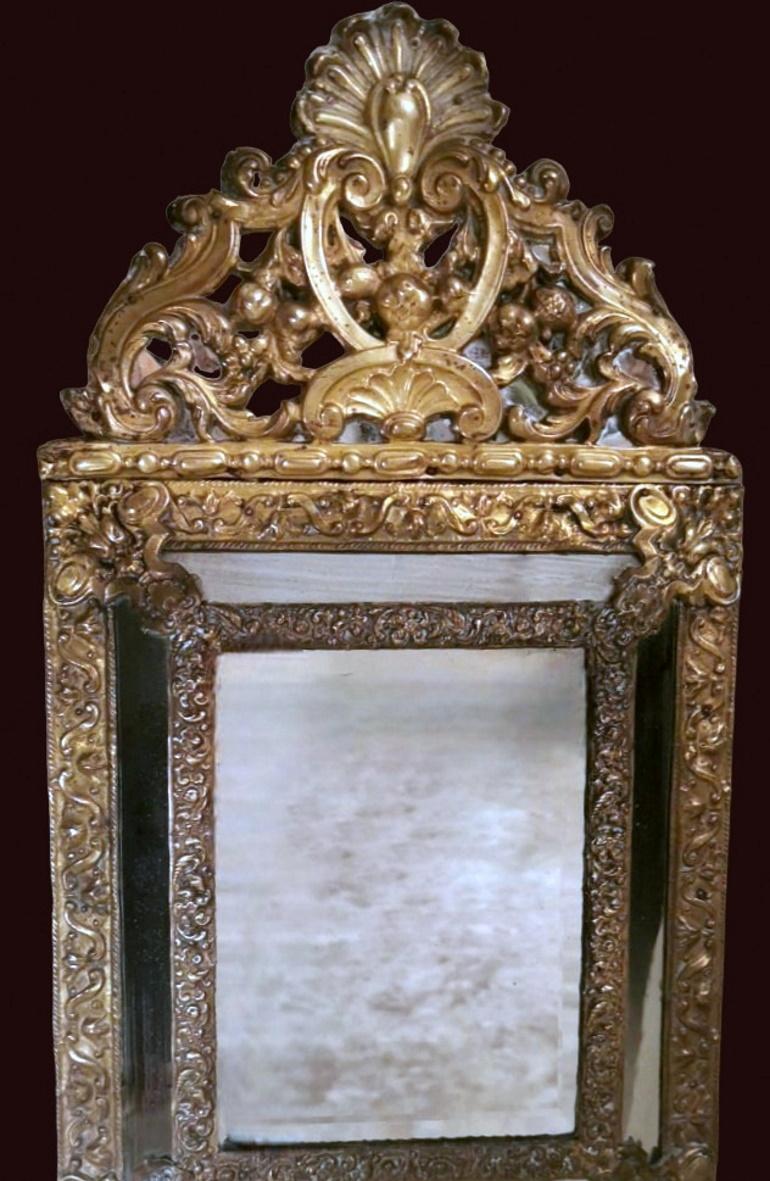 Napoleon III Style French Mirror with "Repoussé" Crafted Brass Inserts ...
