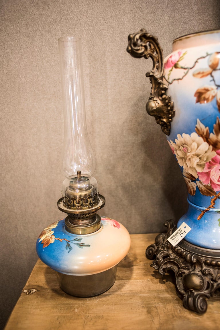 Napoleon III Gas lamp Turquoise and Pink Floral French Mayolique ...