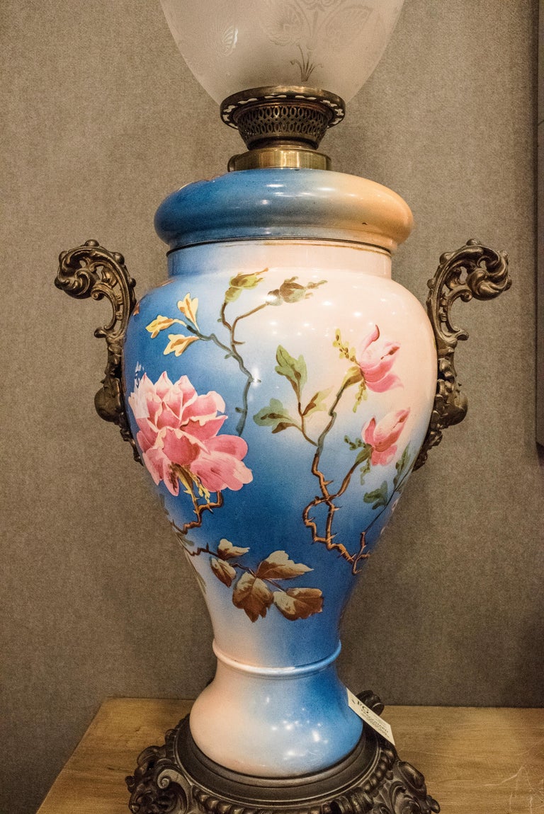 Napoleon III Gas lamp Turquoise and Pink Floral French Mayolique ...