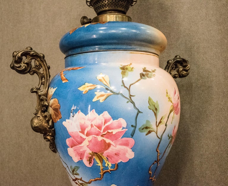 Napoleon III Gas lamp Turquoise and Pink Floral French Mayolique ...