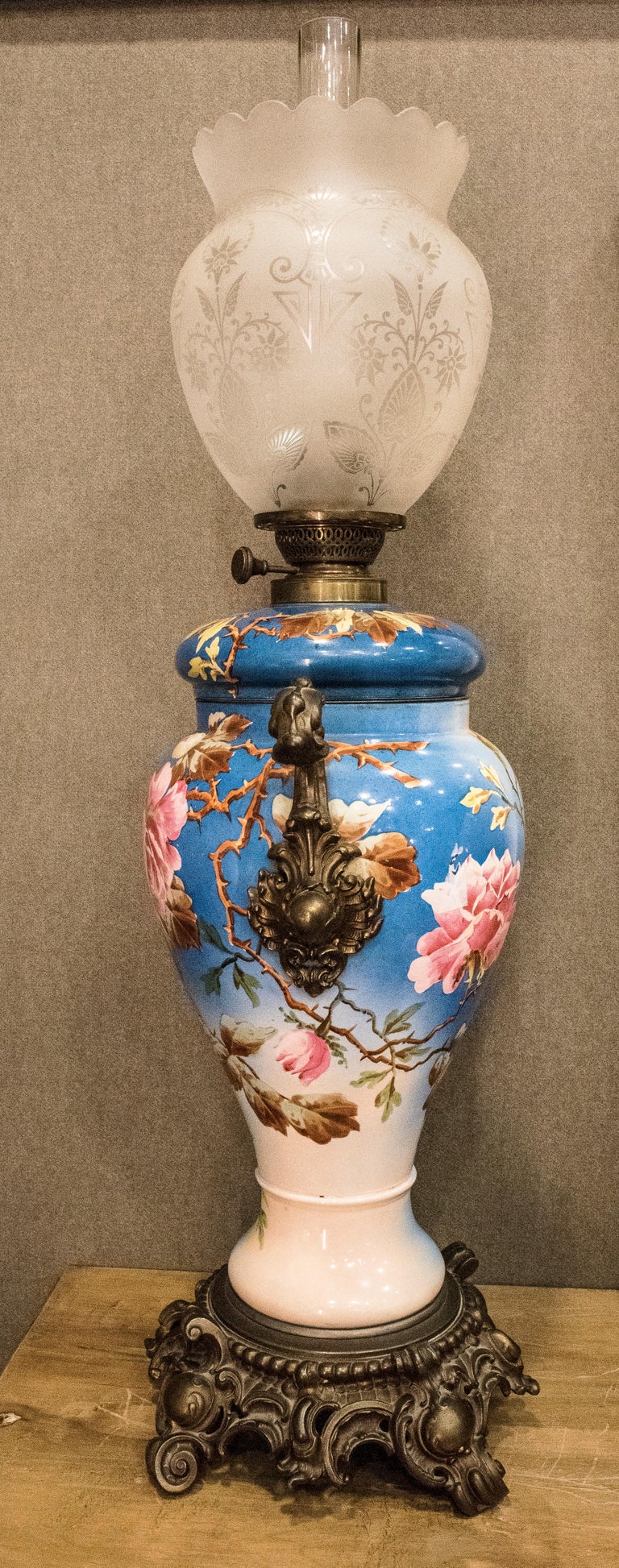 Napoleon III Gas lamp Turquoise and Pink Floral French Mayolique ...