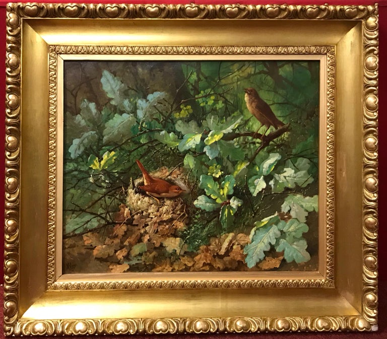 Narcisse Vivien - Painting 19th Century - Still-Life Bird Nest in a Busch For Sale at 1stdibs