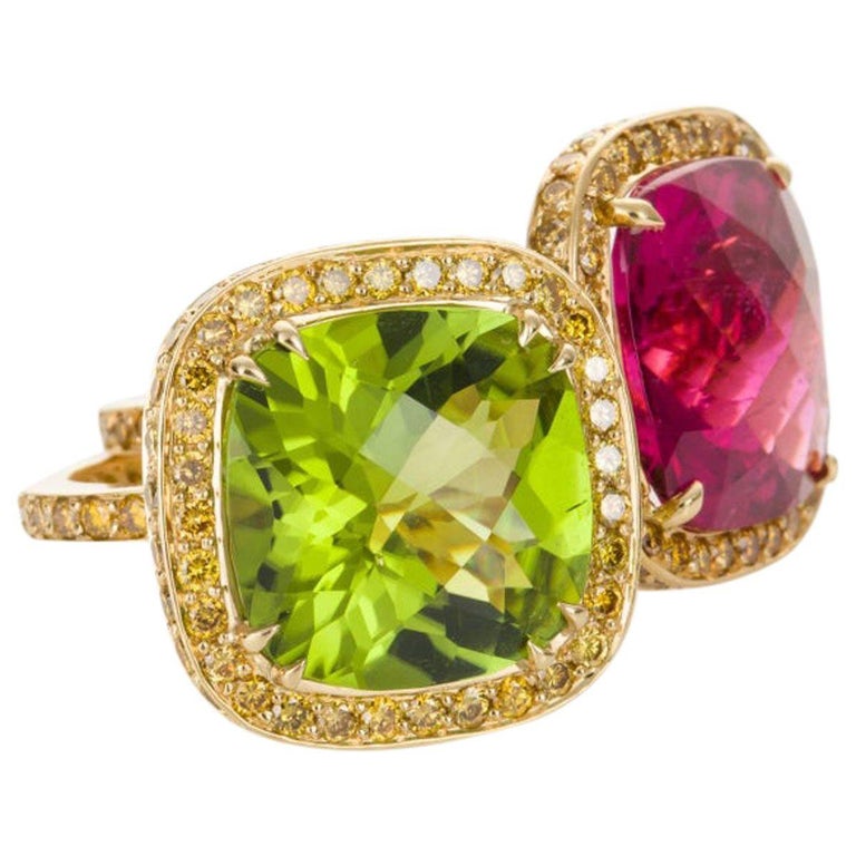 Nardi Rubellite Tourmaline, Peridot and Yellow Diamond Cocktail Rings ...