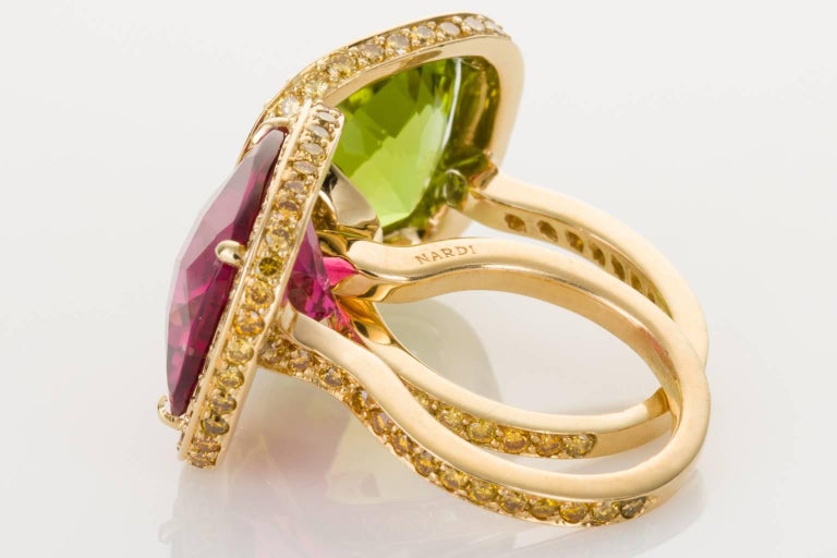 Nardi Rubellite Tourmaline, Peridot and Yellow Diamond Cocktail Rings ...