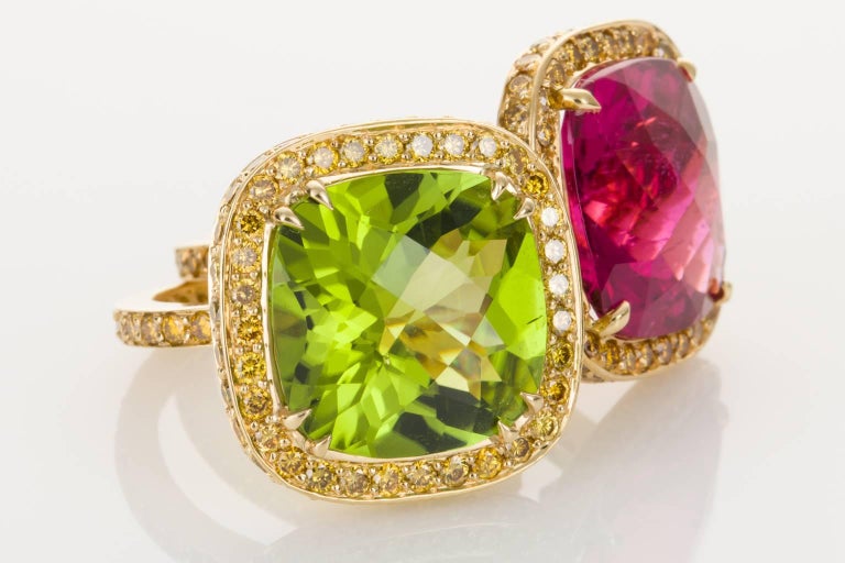 Nardi Rubellite Tourmaline, Peridot and Yellow Diamond Cocktail Rings ...