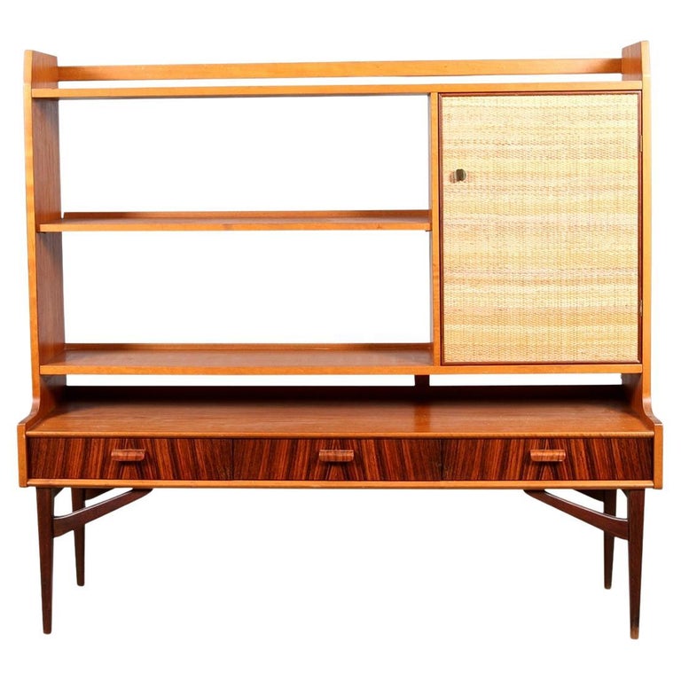 Narrow 1950s Bookcase / Wall Unit in Teak, Jacaranda + Cane For Sale at ...