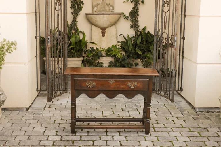 Narrow English 1880s Oak Console Table with Single Drawer and Scalloped ...