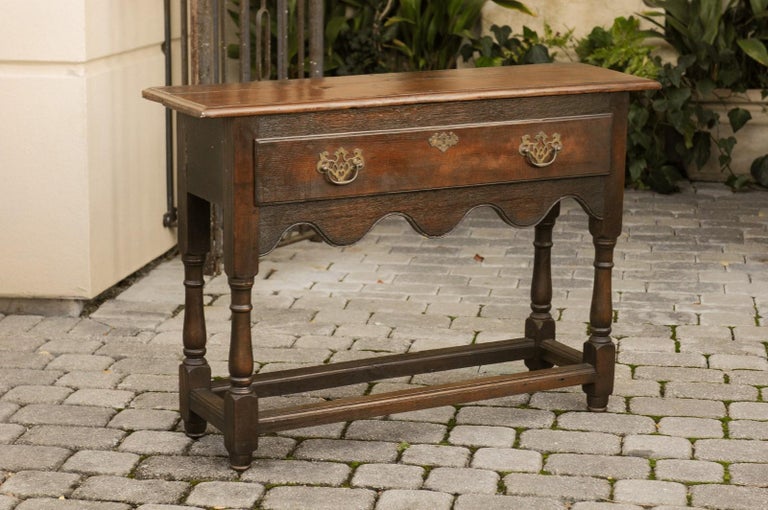 Narrow English 1880s Oak Console Table with Single Drawer and Scalloped ...