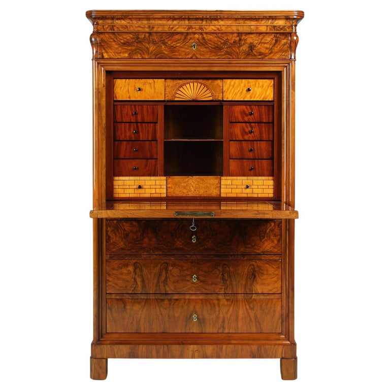 Secrétaire Biedermeier allemand étroit avec tiroir secret, en noyer ...