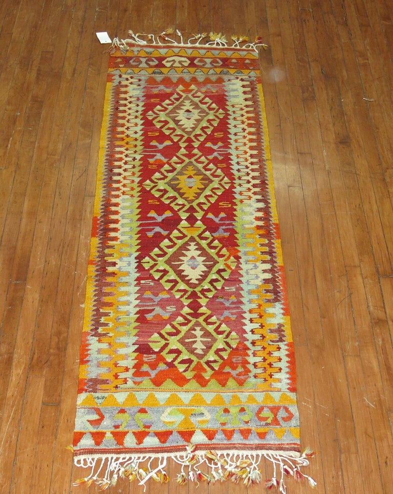 Narrow Kilim Runner in Bright Red and Green For Sale at 1stDibs