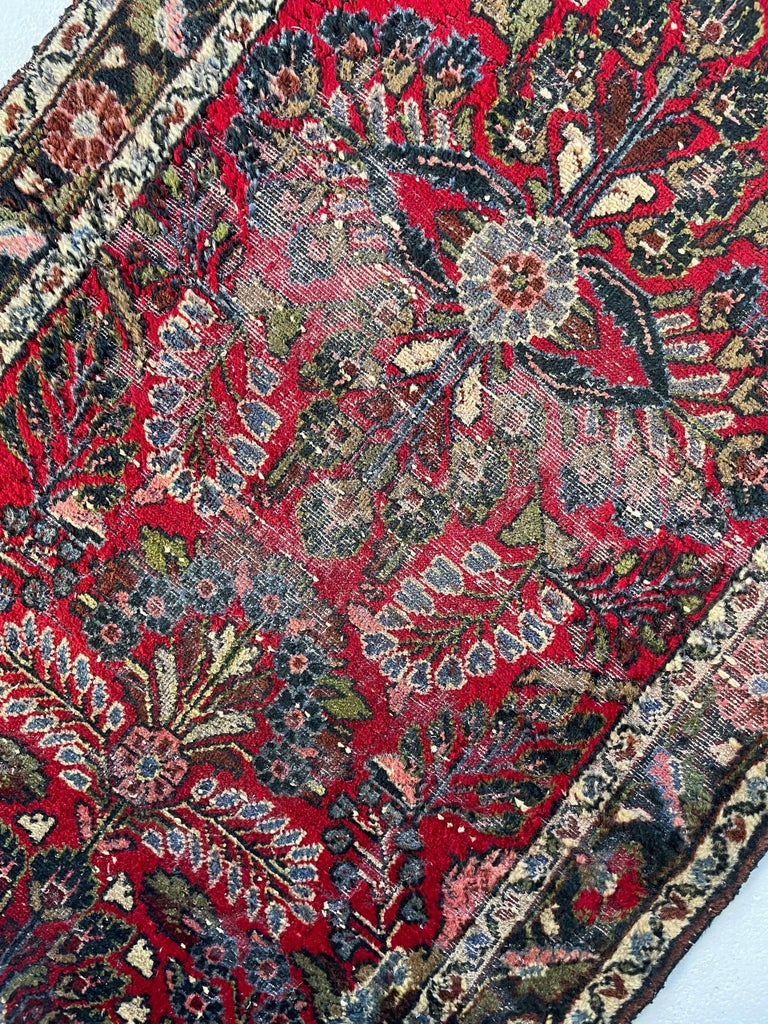 Narrow and Long Vintage Runner in Deep Strawberry with Teal, Sage Green ...