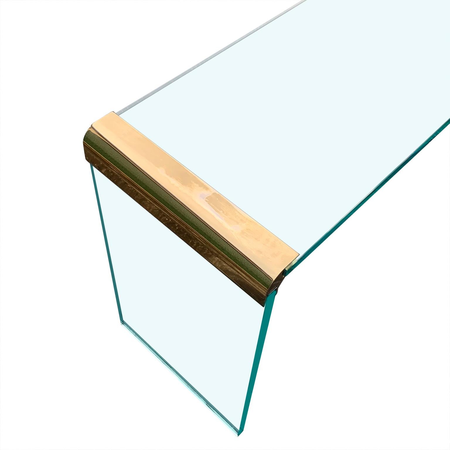 Narrow Mid-Century Modern Brass 3/4” Glass Top Waterfall Console Table ...