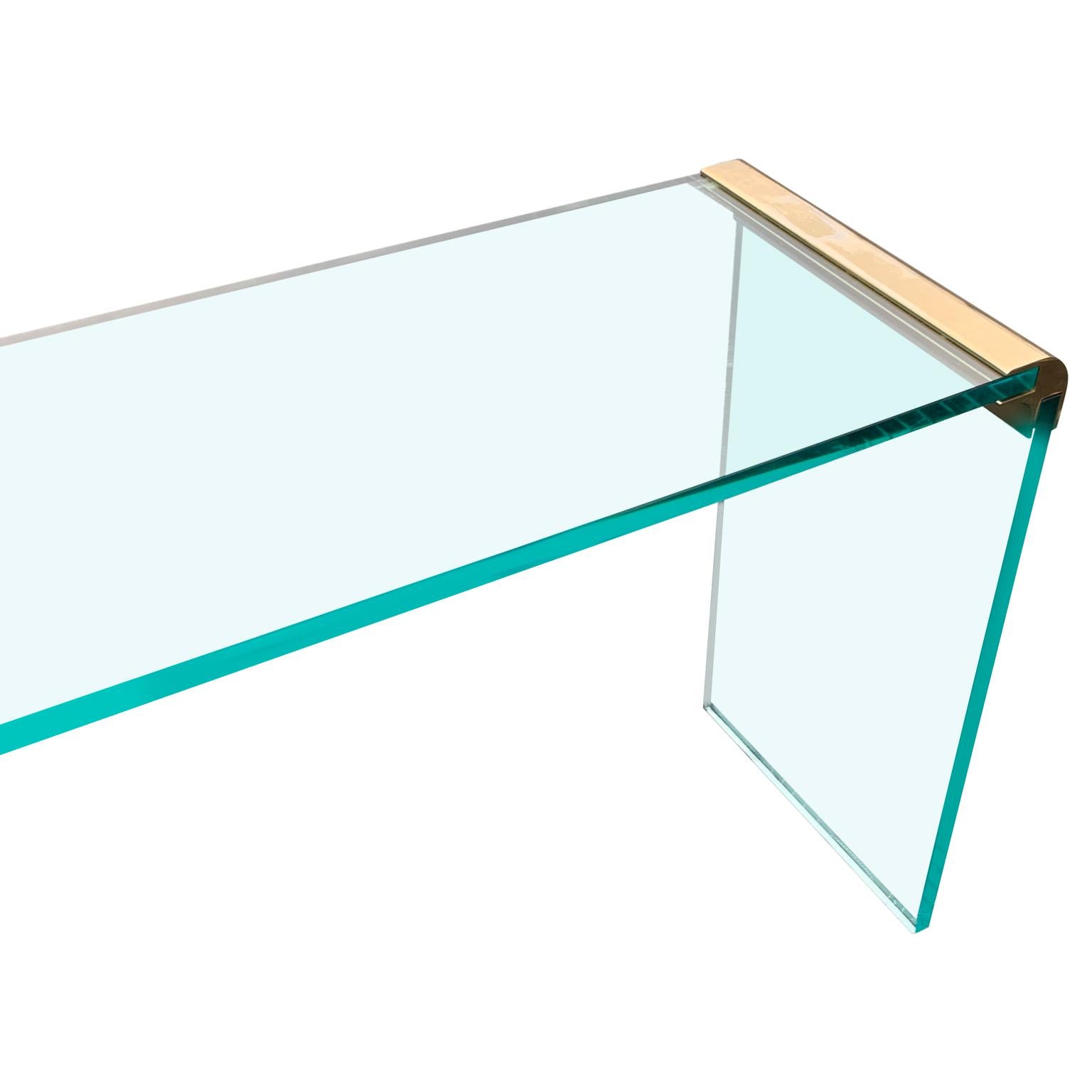 Narrow Mid-Century Modern Brass 3/4” Glass Top Waterfall Console Table ...