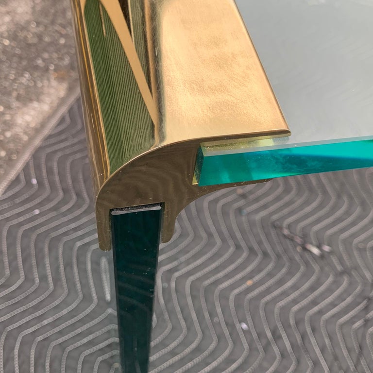 Narrow Mid-Century Modern Brass 3/4” Glass Top Waterfall Console Table ...