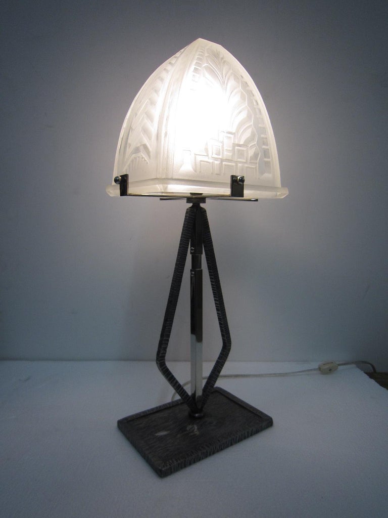 Narrow, Rectangular French Modernist Table Lamp, Hammered Iron and Art ...