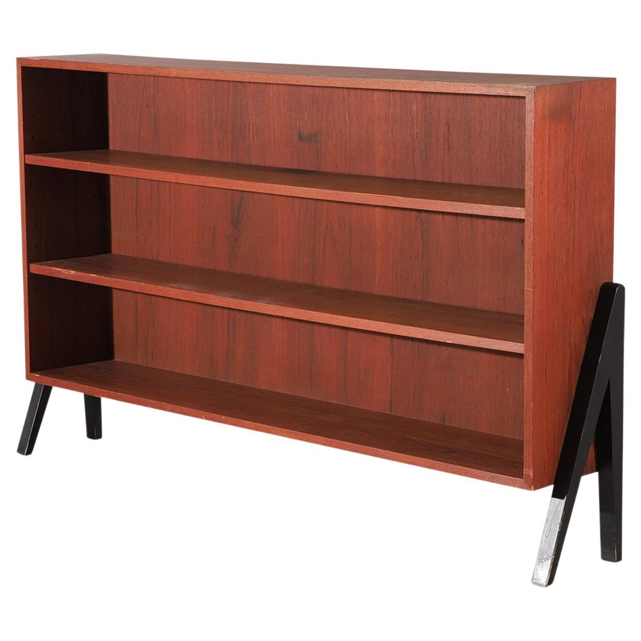 Narrow Teak Bookcase With Black v Shaped Legs For Sale at 1stDibs