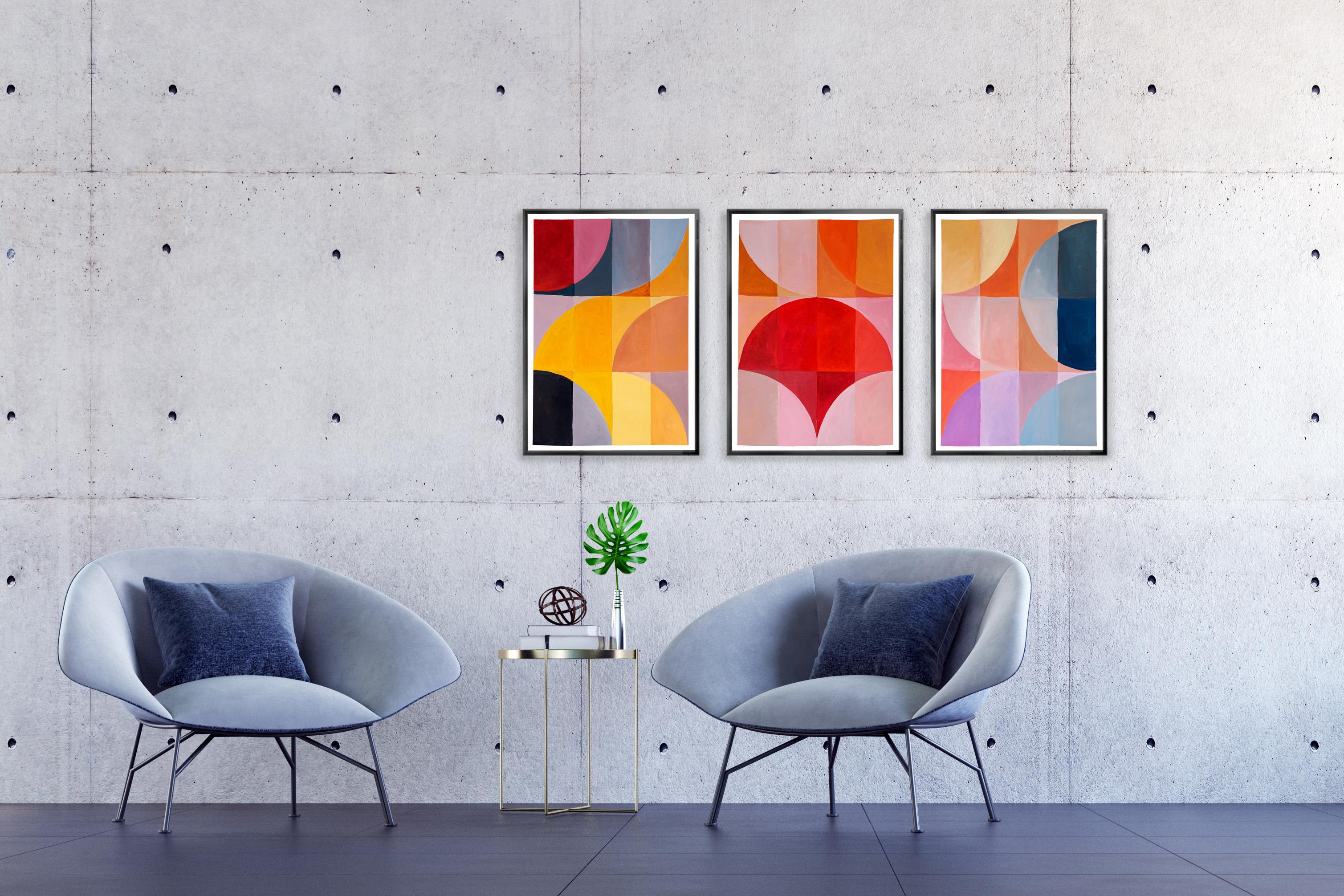 Natalia Roman - Amalfi Parasol Triptych, Abstract Fabric Pattern in Red, Yellow and Mid-Tones ...