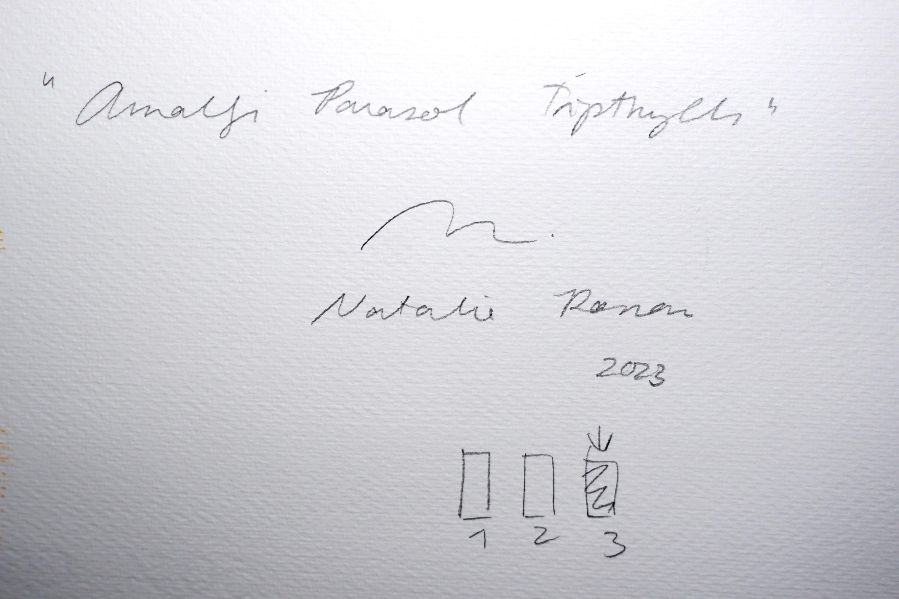 Natalia Roman - Amalfi Parasol Triptych, Abstract Fabric Pattern in Red, Yellow and Mid-Tones ...