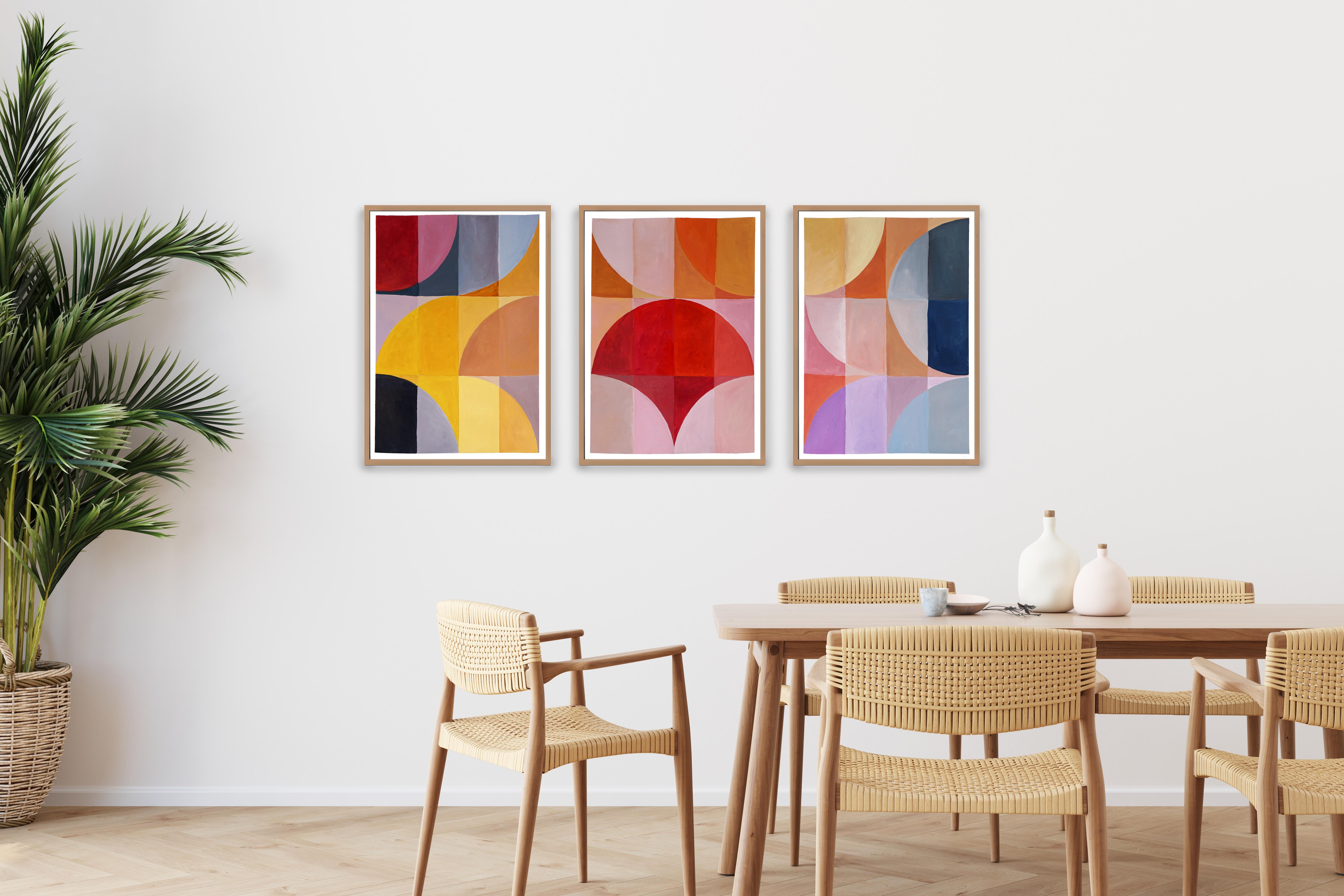 Natalia Roman - Amalfi Parasol Triptych, Abstract Fabric Pattern in Red, Yellow and Mid-Tones ...